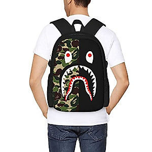 AKMASK 17inch Shark Backpack Green Camouflage 3D Print Laptop Backpack Lightweight Casual Daypack Bookbag