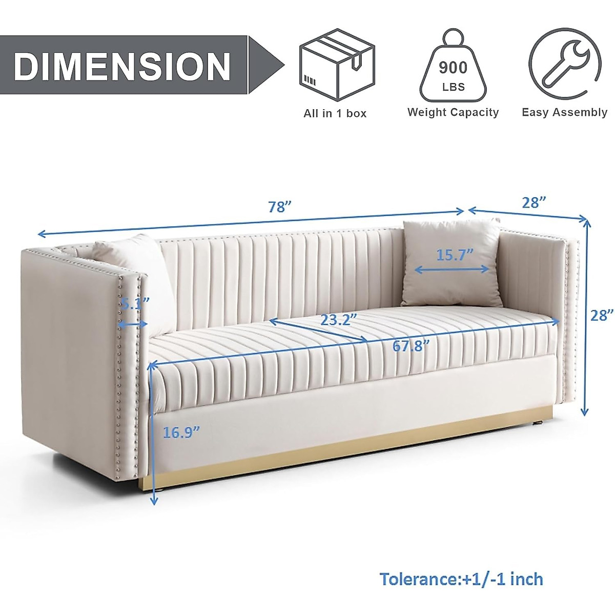 ivoros 78" Velvet Couch, Modern Channel Tufted Sofa Couch with 2 Pillows, 3 Seater Upholstered Couches with Gold Metal Legs and Nailhead for Living Room, Apartment and Office (Beige)
