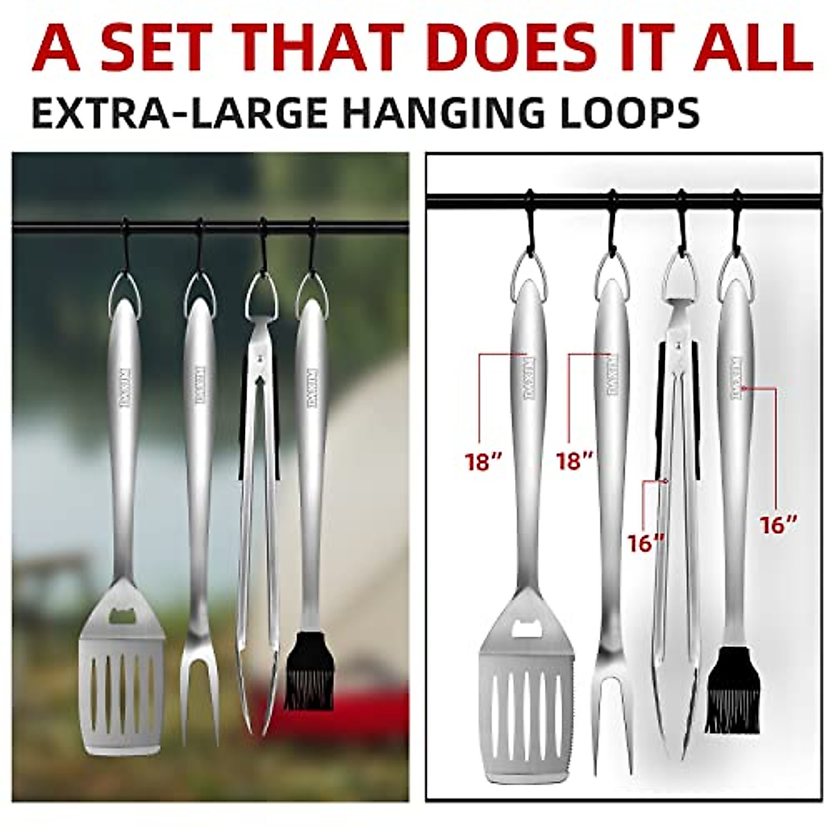 DAXJM Barbecue Tool Sets 4Pcs, Premium Stainless Steel BBQ Tongs, Spatula, Fork and Brush Grill Accessories Kit for Indoor Outdoor BBQ