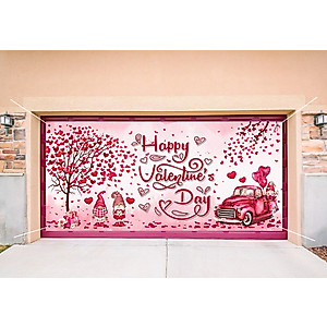 Whaline Happy Valentine's Day Garage Door Banner Romantic Heart Gnome Truck Garage Door Cover 6x13Ft Pink Backdrop Decoration for Valentine's Day Indoor Outdoor Wall Door House Background Decor