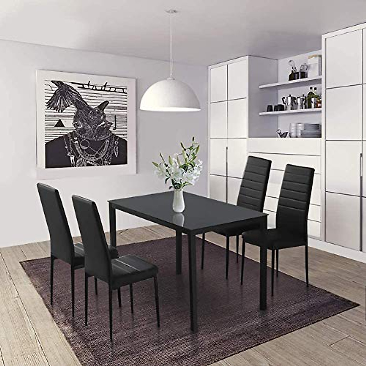 SLEERWAY Kitchen Dining Table Set for 4 People, Thickened Tempered Glass Desktop Kitchen Table and 4 Leather Chairs with Cushion, Modern Dining Room Sets for Small Space, 5 Pieces