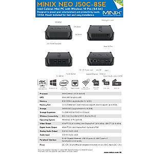MINIX NEO J50C-8SE, 8GB/240GB Intel Pentium Silver Mini PC with Windows 11 Pro (64-bit) [Dual-Band Wi-Fi/Gigabit Ethernet/4K @ 60Hz/Triple Display/USB-C/Auto Power On/Vesa Mount]