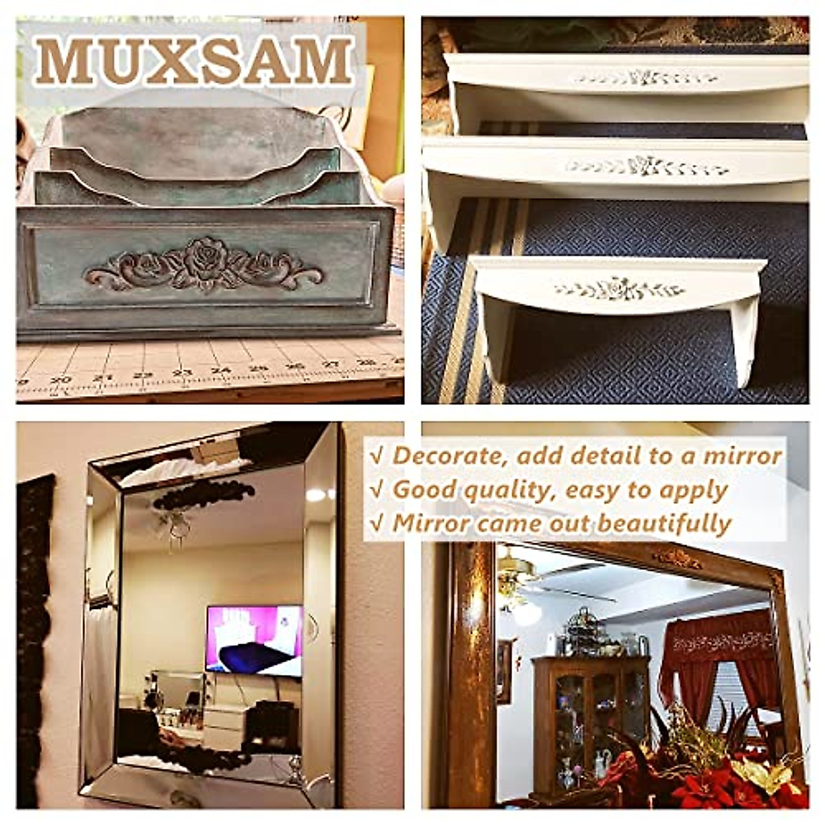 MUXSAM Wood Rose Appliques Onlays Set, 5-Pack Unpainted Decorative Carved Decals for Bed Door Cabinet Wardrobe Mantel Ceiling Wall Headboard Upgrade Decor Craft DIY Projects, 15x15cm+38x8cm