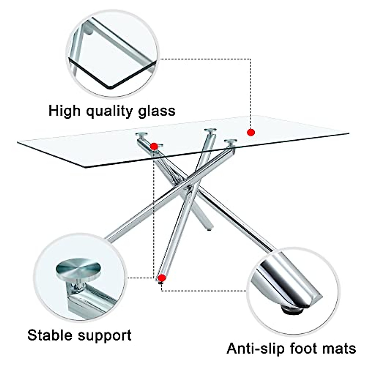 63 inch Glass Dining Table for 6, Silver Legs Rectangular Glass Kitchen Table, Glass Top Dining Table for 4-6 Persons Table Furniture for Home Office Kitchen Dining Room