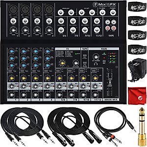 Mackie Mix12FX 12-Channel Compact Effects Mixer Bundle with 2x Mophead 10-Foot TRS Cable, 2x 10-Foot XLR Cable, 3-Foot 1/4" to 3.5mm TS Cable, 1/4" to 3.5mm Adapter, 4x Cable Ties, Microfiber Cloth