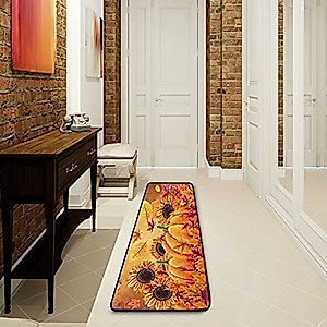 Fall Sunflower Pumpkins Runner Rug Kitchen Autumn Maple Leaf Butterfly Non Slip Doormat Area Rugs Runner Mats for Hallway Bedroom Bathroom Entryway Indoor Living Room Carpet Floor Mat 2X6 ft
