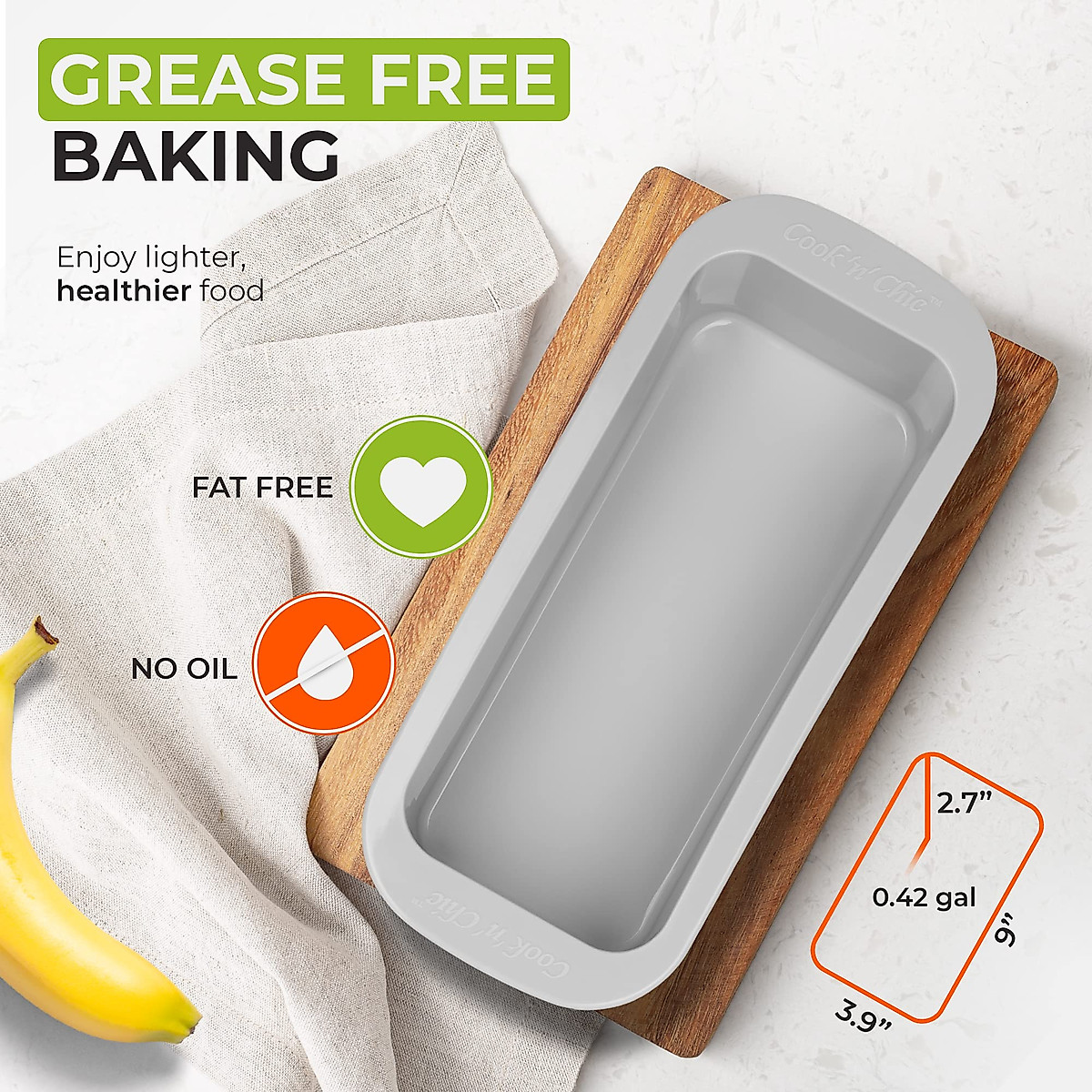 Silicone Loaf Pan (Medium) Non-Stick Oven Dish - Professional Bakeware Baking Mould for Cakes Pies Breads - Microwave Dishwasher Freezer Safe - Quick Release - 9.0" x 3.9" x 2.7" by Cook’n’Chic