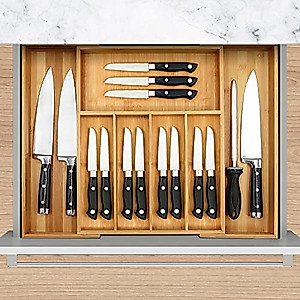 VaeFae Bamboo Drawer Organizer, Expandable Silverware Drawer Organizer and Cutlery Tray, Wooden Drawer Dividers Organizer for Kitchen Utensils and Flatware (5-7 Slots)