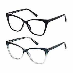 Oversized Reading Glasses Women Cat Eye Photochromic Computer Reader Stylish Ladies Designer Fashion Big Unbreakable Eyewear 2Pack Black & Dark Green +3.0x