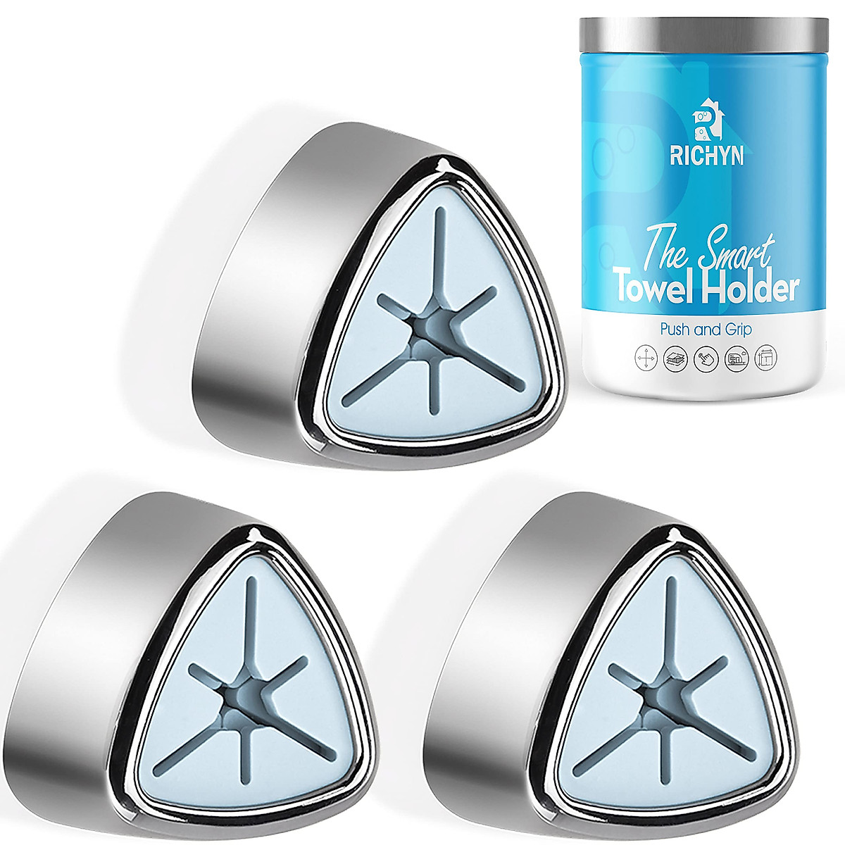 Adhesive Kitchen Towel Holders That Really Work - 3-Pack Bathroom Towel Holders which Hold Up Towels - for Kitchen Bathroom Home Storage Better Alternative to Towel Hooks- Kitchen Towel Hooks Blue