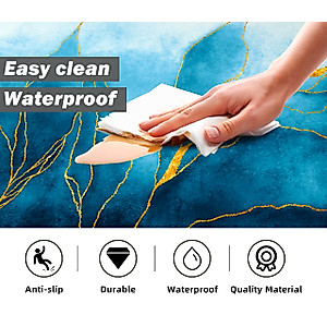 chiinvent Blue Kitchen Rugs Gold Stripes Modern Ink Art Decor Kitchen Floor Mat Cushioned Memory Foam Padded PVC Leather Heavy Duty Comfort Standing Runner Rugs, 17.3x28+17.3x47 inch