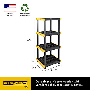BLACK & YELLOW® 4-Tier Heavy Duty Plastic Storage Shelving Unit, 100lbs/shelf (55”H x 24”W x 20”D), for Indoor/Outdoor Organization, Modular Rack, Extremely Durable®, Made in The USA