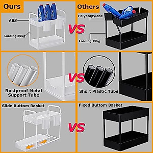 Under Sink Organizer, 2 Tier Sliding Bathroom Organizer Cabinet Storage with Hooks, Hanging Cups, Handles, Multi-purpose Under Sink Shelf Organizer for Bathroom Kitchen(1 Pack)