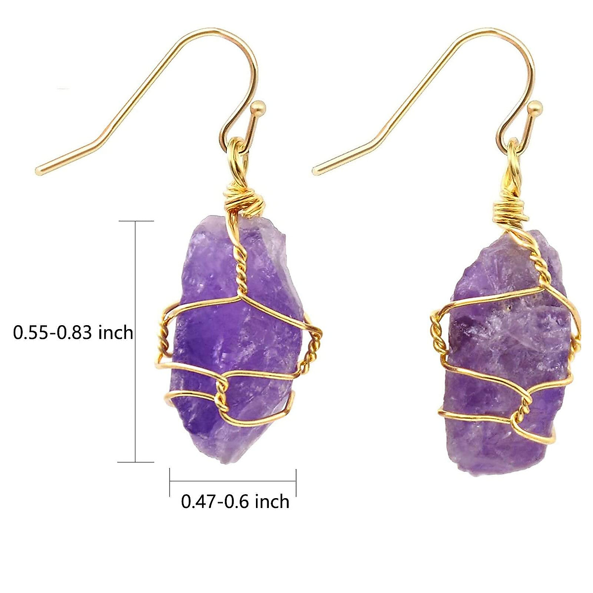Generic Amethyst Earrings, Handmade Wire Wrap Crystal Natural Irregular Raw Healing for Women, Fish Hook Dangle Earrings Jewelry, Purple, gold, pendant size is about 0.47~0.83In