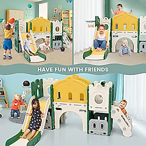 Lischwert Toddler Slide, Indoor Slide Playground Set for Kids, Outdoor Slide Freestanding Playset, 7-in-1 Slide with Basketball Hoop and Climber for Kids Age 1+(Yellow/Green)