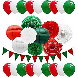 Meiduo Red Green White Christmas Fiesta Brands Mexican Italian Party Decorations Paper Fans Lanterns Flower Pom Poms Felt Pennant Balloons for Graduations St. Patrick's Day Birthday Baby Shower