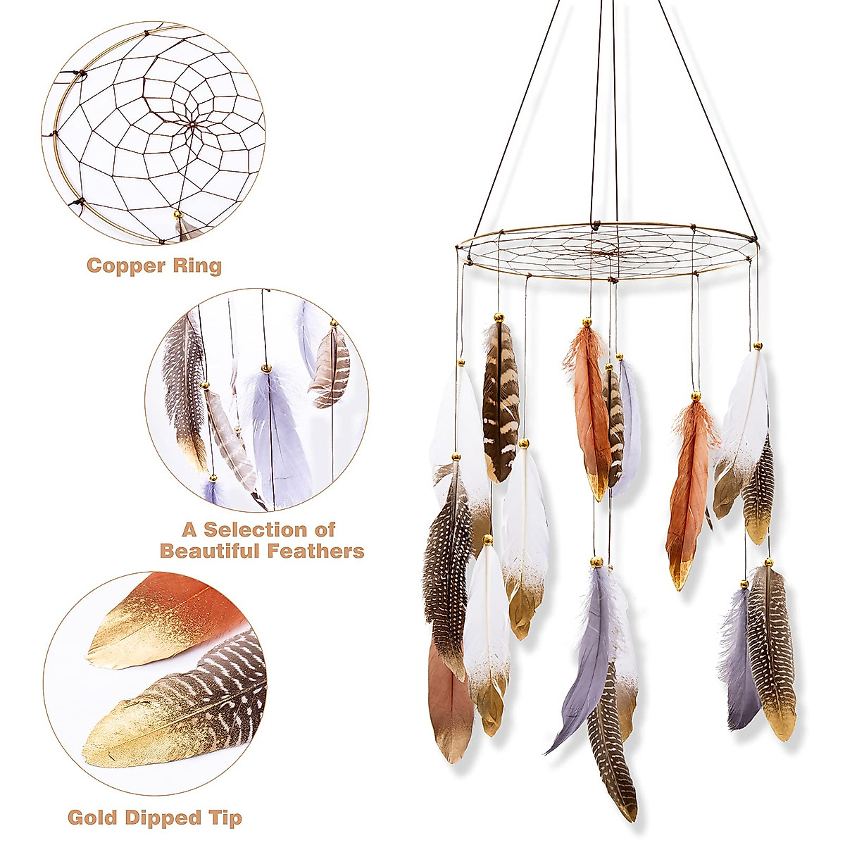 Boho Feather Baby Mobile for Crib, Bohemian Nursery Gender Neutral Wall Hanging Decor, Large Dream Catcher Ornament Hanger Gift for Kids Girl Boy Ceiling Children Teen Bedroom Outdoor Christmas Gift