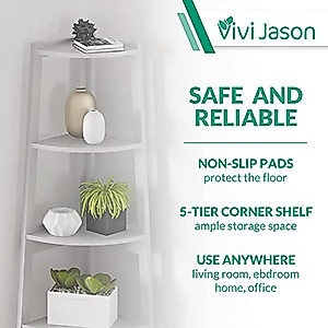 VIVIJASON 5 Tier Corner Shelf – Modern Wall Corner Storage Rack Plant Stand Small Bookshelf - Freestanding Ladder Shelf Display Organizer for Living Room, Kitchen, Home Office, Small Space (White)