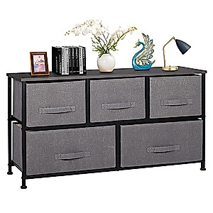 SUPER DEAL 5 Drawer Dresser for Bedroom, Wide Storage Tower Chest with Heavy Duty Steel Frame and Wood Top, Kids Toys Organizer Unit for Livingroom Closet Nursery Hallway, Light Grey