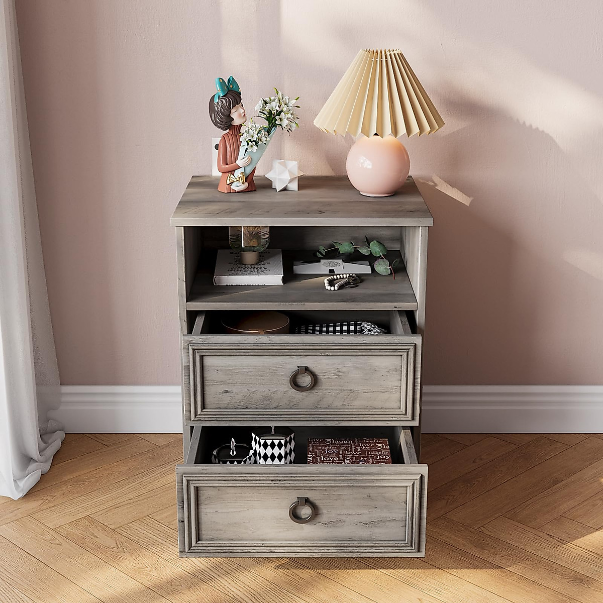 HolliWill Nightstand Set of 2, Night Stand with Drawers, Accent Bed Side Table and End Table with Open Storage for Bedroom, Living Room,Gray