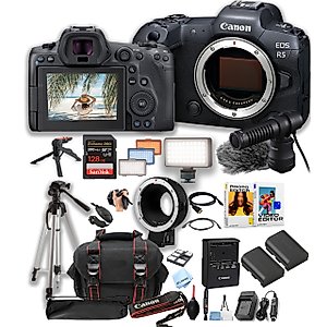 Canon EOS R5 Mirrorless Camera Body + 128GB Pro Speed Memory + EF-RF Lens Adapter + Led Video Light + DME 100 Microphone +Case + Tripod + Software Pack-Video Bundle (Renewed)