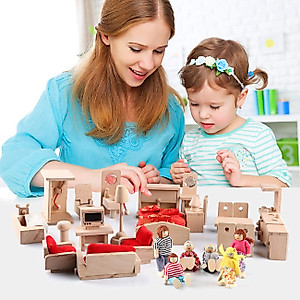5 Set Dollhouse Furniture Accessories Wooden Bathroom/Living Room/Dining Room/Bedroom/Kitchen House 6 Family Doll Decoration Pretend Play Kids Christmas Birthday Gifts for Girls Toys 40 Pcs