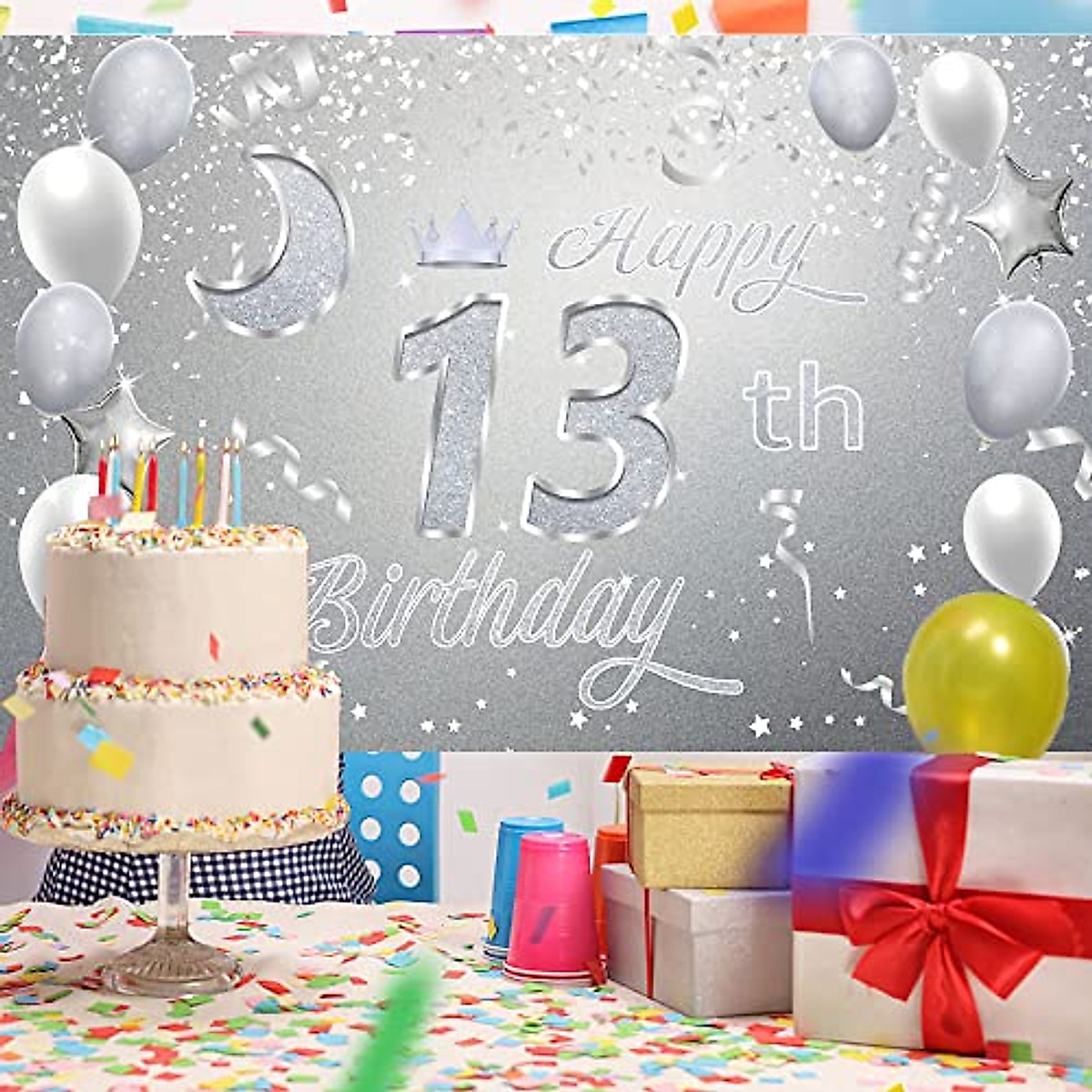 Sweet Happy 13th Birthday Backdrop Banner Poster 13 Birthday Party Decorations 13th Birthday Party Supplies 13th Photo Background for Girls,Boys,Women,Men - Silver 72.8 x 43.3 Inch