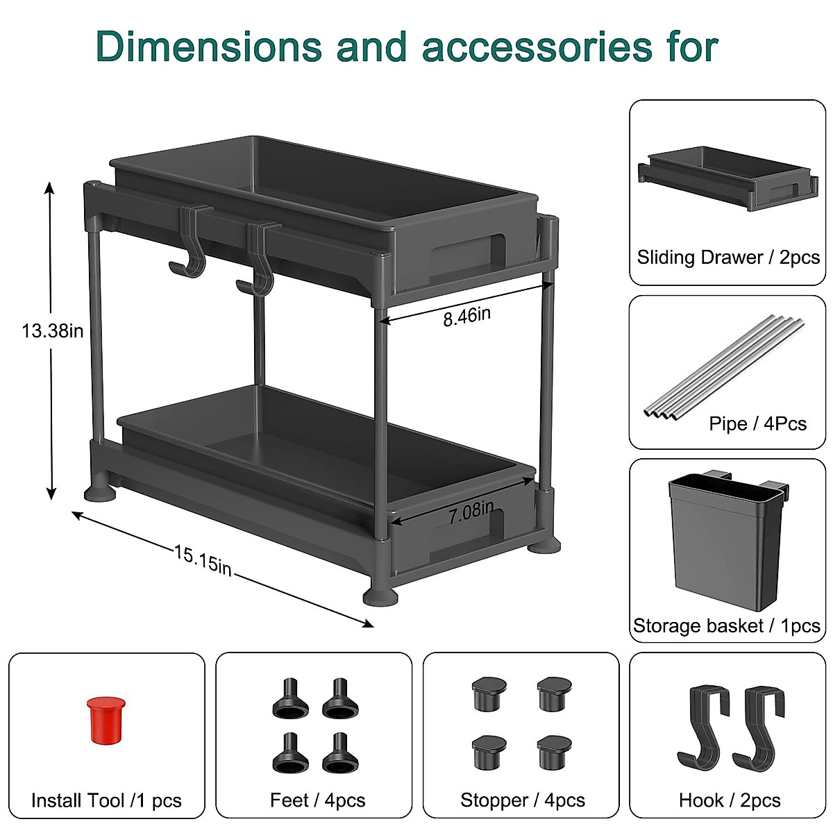 LBW 2 Packs Under Sink Organizer and Storage, 2 Tier Sliding Bathroom Cabinet Organizers Multi-Purpose Kitchen Organization and Storage，Drawer Pantry Organizer with Hooks,Black (Pack of 2)