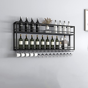 Industrial Wall Mounted Wine Rack, 2-Tier Wood Wine Bottle Shelf with Stemware Rack, Black Wine Glass Rack Multi Functional Wine Storage Display Rack for Home Bar Dining Room Kitchen (39.3×7.8×26in)