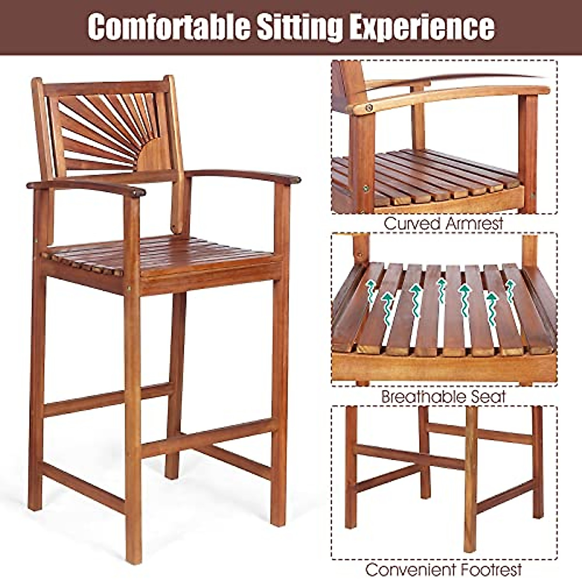 COSTWAY Bar Stools Set of 2, Outdoor Acacia Wood Bar Chairs with Sunflower Backrest, Curved Armrests & Breathable Seat, Ideal for Balcony, Sunroom, Patio, Easy Assembly (1)