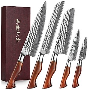 HEZHEN Damascus Knife Set 5PCS,Premium Powder Steel Forged Hammered Pattern, Rosewood Handle, Home Cooking Kitchen Knives