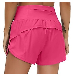 THE GYM PEOPLE Womens High Waisted Running Shorts Quick Dry Athletic Workout Shorts with Mesh Liner Zipper Pockets (Bright Pink, Small)
