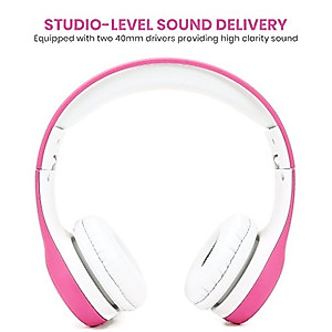 KPTEC [Volume Limited Kids Safety Foldable On-Ear Headphones with Mic, Volume Controlled at Max 93dB to Prevent Noise-induced Hearing Loss (NIHL), Passive Noise Reduction, Wired Earbuds,Pink