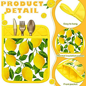 6 Pcs Pot Holders for Kitchen Heat Resistant Yellow Lemon Design Pot Holders with Hand Pockets and Hanging Loops Cotton Hot Pads Dual Function for Kitchen, Cooking, Baking, Grilling, Gifting
