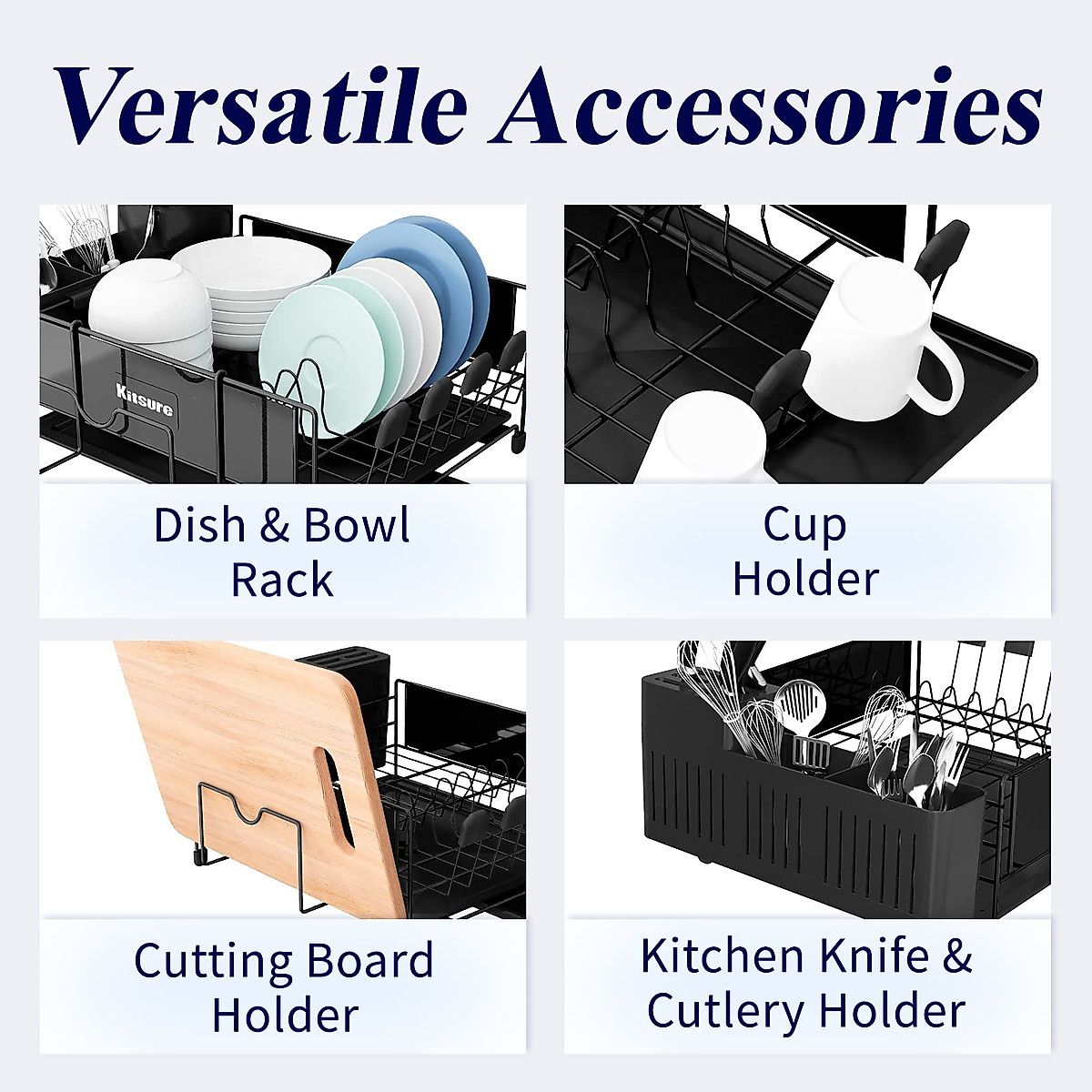 Kitsure Dish Drying Rack Large - Stainless Steel Dish Rack for Kitchen Counter, Dish Drainer with Drainboard Connected to The Sink, Dish Holder for Cups, Cutlery & Cutting Board, Black, Single-tiers