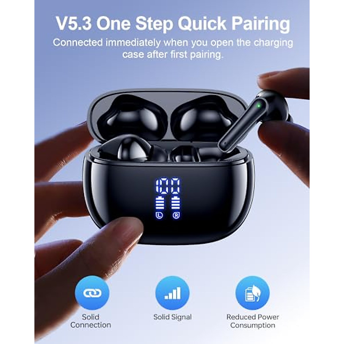 YAQ Wireless Earbuds Bluetooth Headphones, 40H Playtime Stereo IPX5 Waterproof Ear Buds, LED Power Display Cordless in-Ear Earphones with Microphone for iOS Android Cell Phone Sports