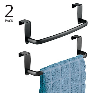 mDesign Steel Metal Wire Over Cabinet Towel Rack Storage Organizer - Hang on Cabinet or Door - Towel Bar Holder for Kitchen - Holds Hand Towels, Washcloths - Spira Collection, 2 Pack, Matte Black