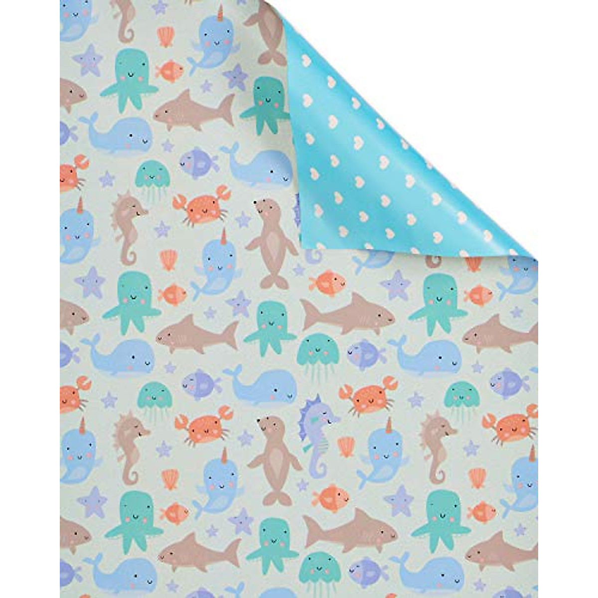 American Greetings Reversible Baby Shower Wrapping Paper, Animals and Hearts (4 Rolls, 160 sq. ft)