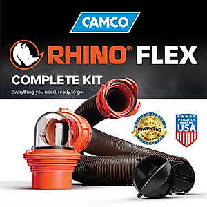 Camco RhinoFLEX 15' RV Sewer Hose Kit — Includes 4-in-1 Adapter, Clear Elbow, & Caps — Connects to 3″ Slip & 3″, 3 1/2″, 4″ NPT Threaded Sewer Connections (39770)