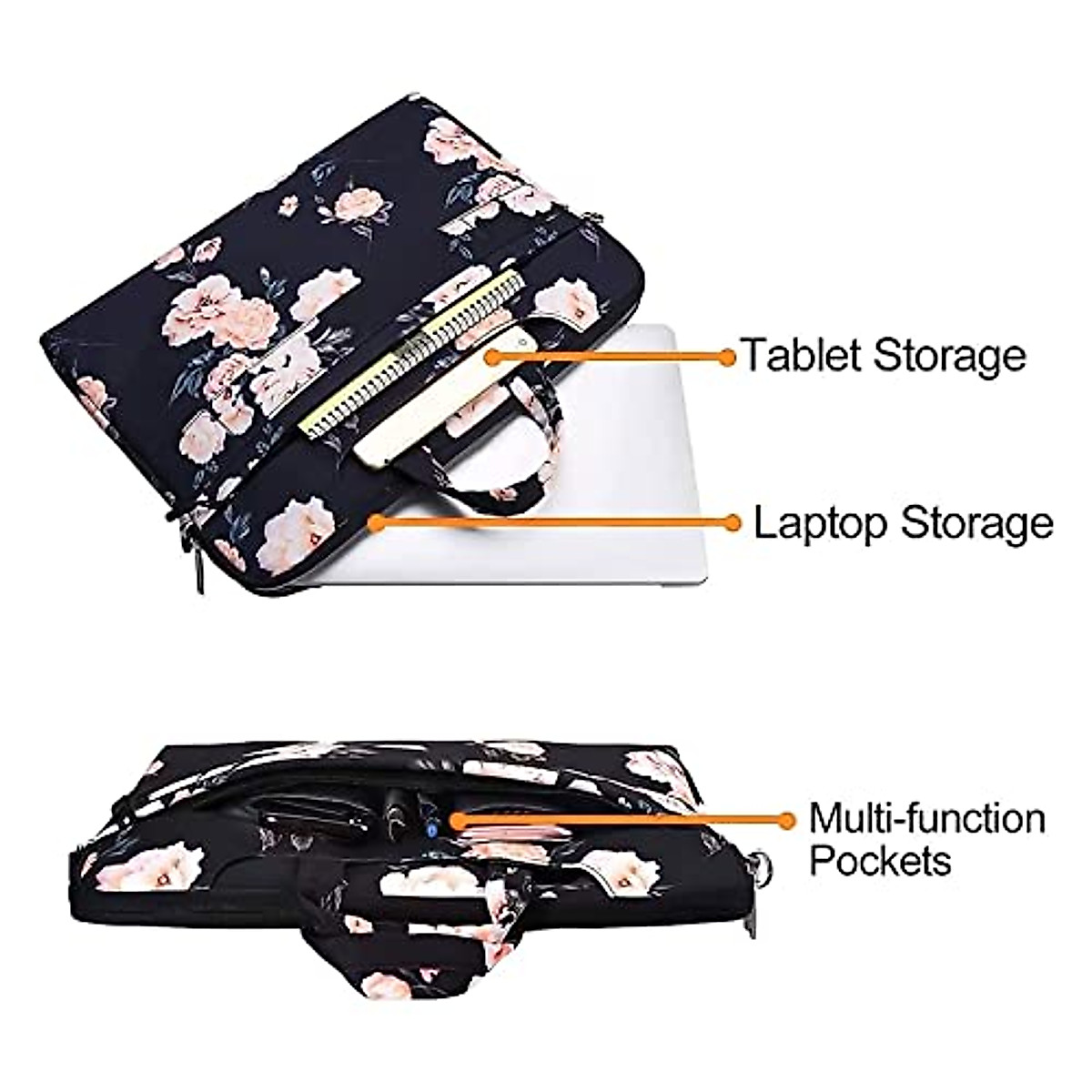 MOSISO Laptop Shoulder Bag Compatible with MacBook Air 15 inch M2 A2941 2023/Pro 16 2023-2019 M2 A2780 M1 A2485 A2141/Pro 15 A1398,15-15.6 inch Notebook, Camellia Carrying Sleeve with Belt, Black