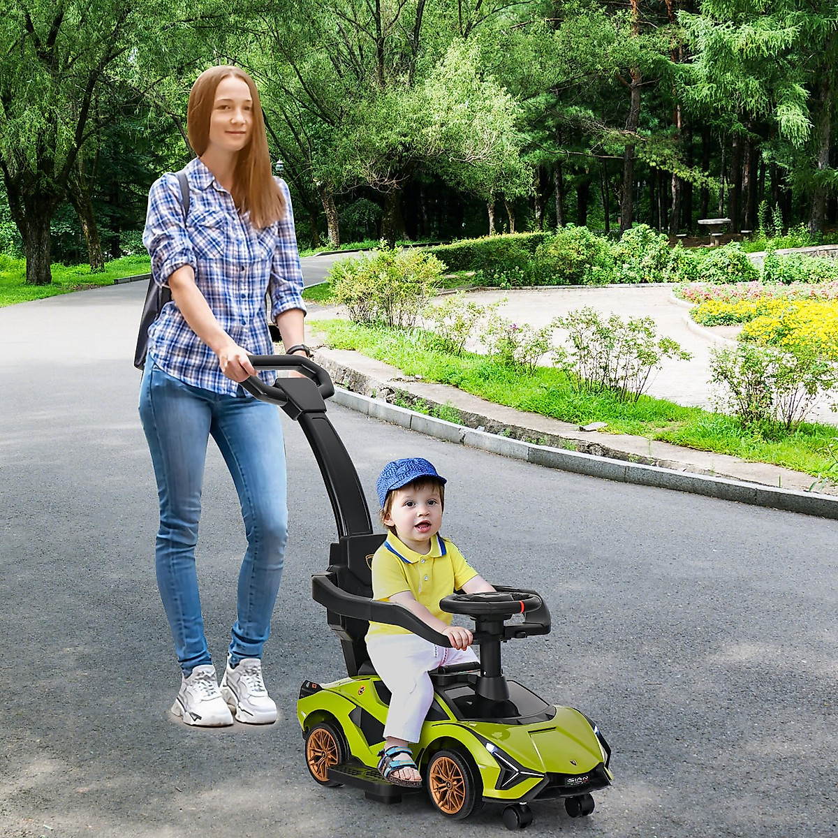 OLAKIDS 3 in 1 Ride on Push Car, Licensed Lamborghini SIAN Baby Sliding with Parent Control Handle Universal Wheels Guardrails, Toddlers Walking Toy with Music, Under Seat Storage (Green)