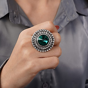 Jumwrit Vintage Knuckle Ring Open Band Ring Silver Rhinestone Ring Big Round Ring Adjustable Finger Ring Carved Ring Indian Ring for Women（Green）