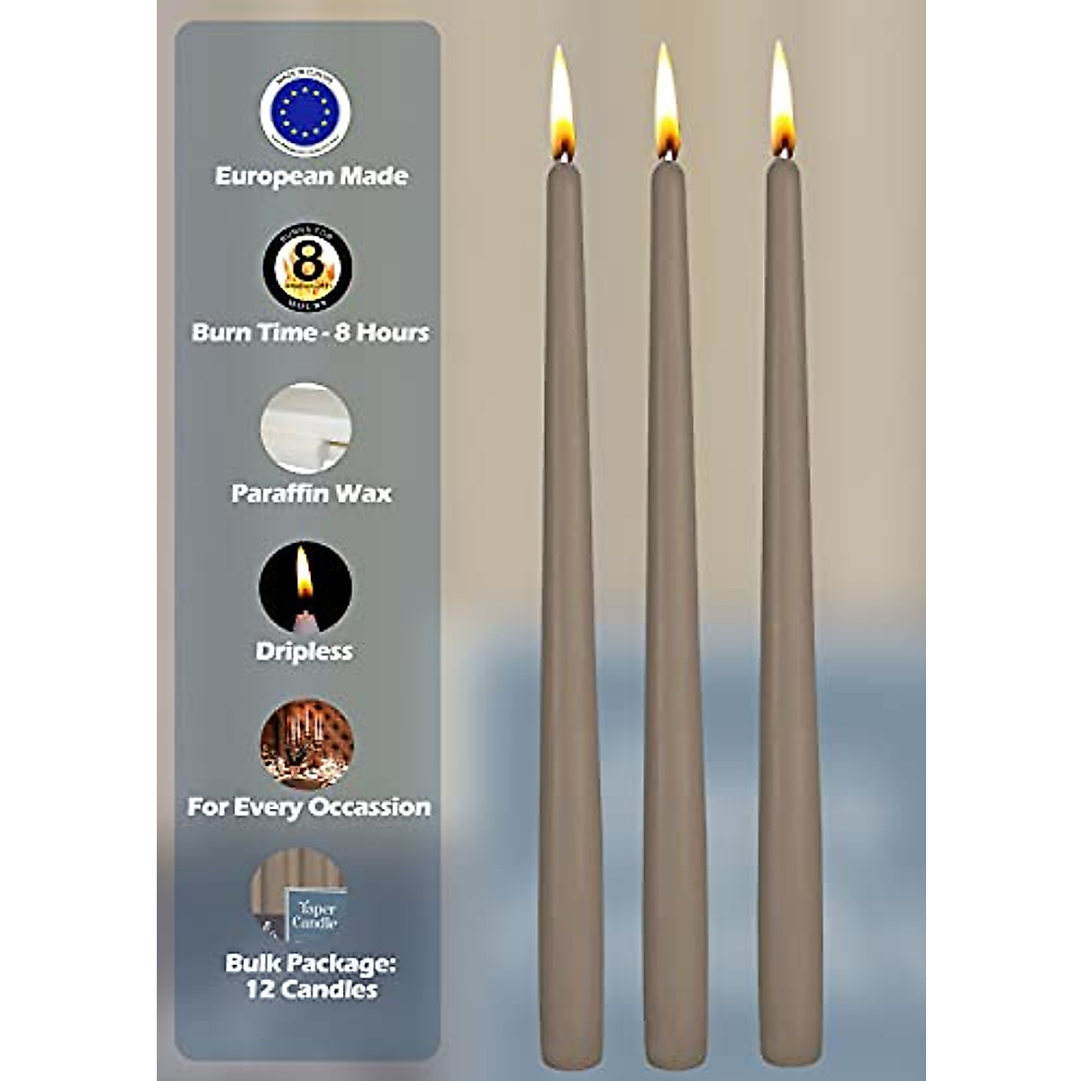 12 Pack Tall Taper Candles - 10 Inch Taupe Gray Dripless, Unscented Dinner Candle - Paraffin Wax with Cotton Wicks - 8 Hour Burn Time
