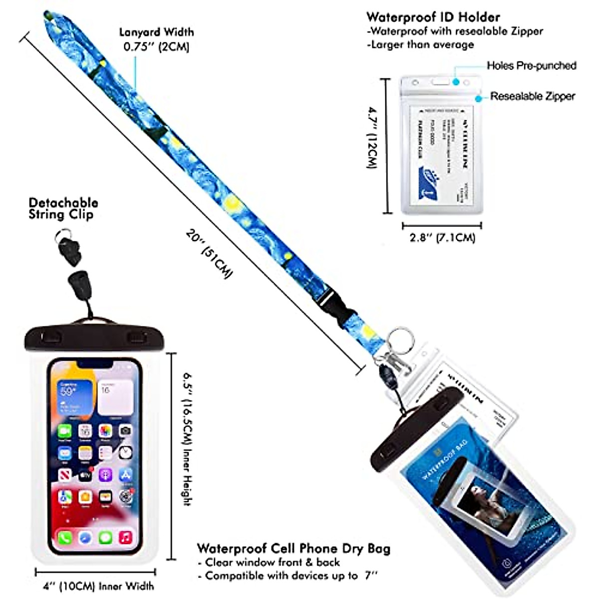 3-PK Waterproof Phone Pouch Phone Dry Bag Case for iPhone 13 12 11 Pro Max XS Max Samsung Galaxy s10 Google Up to 7.0". Cruise Lanyard & Waterproof ID Key Card Holder Clip. Van Gogh Collection