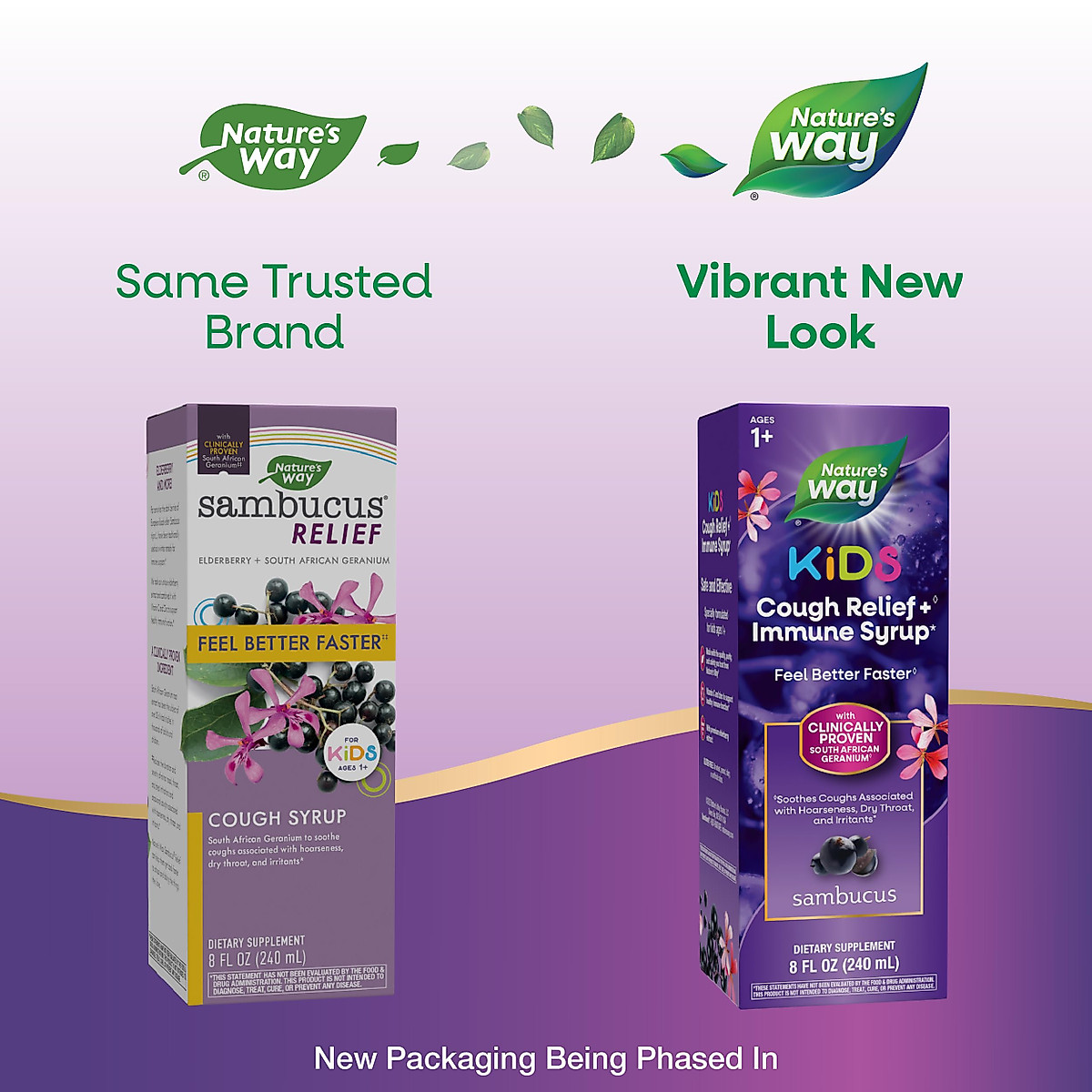 Nature’s Way Sambucus Kids Cough Relief +** Immune Syrup*, Feel Better Faster**, Clinically Proven South African Geranium, with Elderberry Extract, Vitamin C & Zinc, 8 Oz (Packaging May Vary)