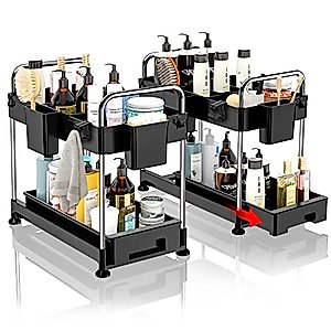 Luyata 2 Pack Under Sink Organizers, 2 Tier Under Cabinet Organizer Sliding, Under Cabinet Storage, Kitchen Organizer, Bathroom Organizer Under Sink With 8 Divider 8 Hooks and 4 Hanging Cups Black