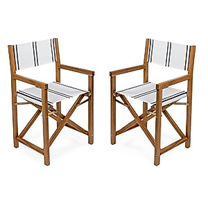 JONATHAN Y DRC1001B-SET2 Cukor Classic Vintage Outdoor Acacia Wood Folding Director Chair with Canvas Seat Mid-Century, Modern, Traditional, Classic, Coastal, White/Black Stripe/Teak Brown (Set of 2)