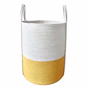 Yellow/White Rope Woven Laundry Basket/Nursery Hamper/Baby Laundry Basket/Toy Storage/Cotton Rope Basket/XXL Large Tall 18"H x 15"W/With Handles Clothes Blankets Kids Pet Organizer Decor Gift