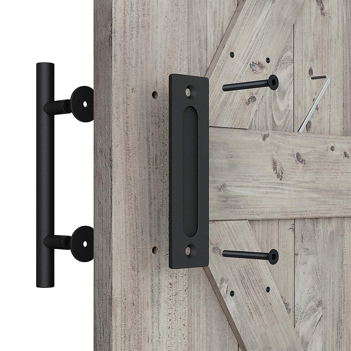 SMARTSTANDARD Sliding Barn Door Hardware Hangers 2pcs with Heavy Duty 12" Pull and Flush Barn Door Handle 1pc (Black) (Big Wheel Hangers)