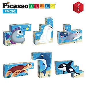 PicassoTiles 1” Magnetic Puzzle Cubes for Kids, 3D Sea Ocean Animal 63pcs Exploration Blocks, Kids Focus Learning & Stacking Toys, STEM Educational Preschool Toddler Classroom Activity, Boys Girls